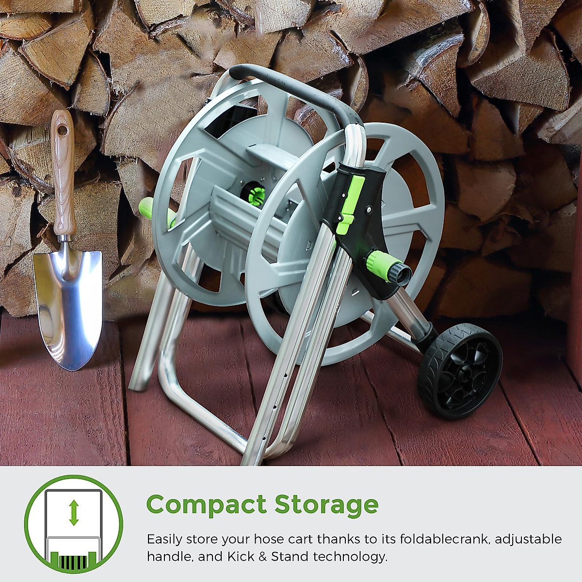 YESTAR Hose Reel Cart Hold Up to 130 ft of 5/8 inch Hose Garden Water Hose Carts Mobile Tools with 2 Wheels, Heavy Duty Powder-coated Steel Outdoor Planting with Storage Basket, for Garden, Yard, Lawn