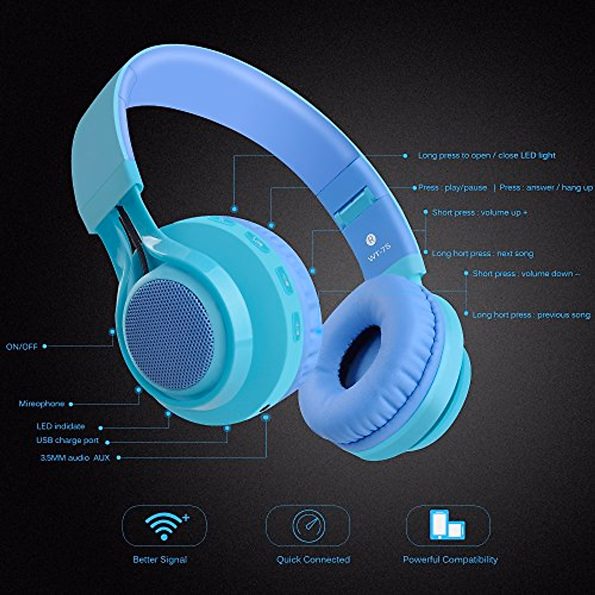 Riwbox 2 Packs WT-7S Kids Headphones Wireless, Foldable Stereo Bluetooth Headset with Mic Compatible with PC/Laptop/Tablet/iPad (Blue-Pink)