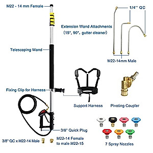 janz 24 FT Telescoping Pressure Washer Wand with 2 Pressure Washer Extension Wands,Gutter Cleaner Attachment, 7 Spray Nozzle Tips, 2 Hose Inlet Adapters, Pivoting Coupler and Support Harness
