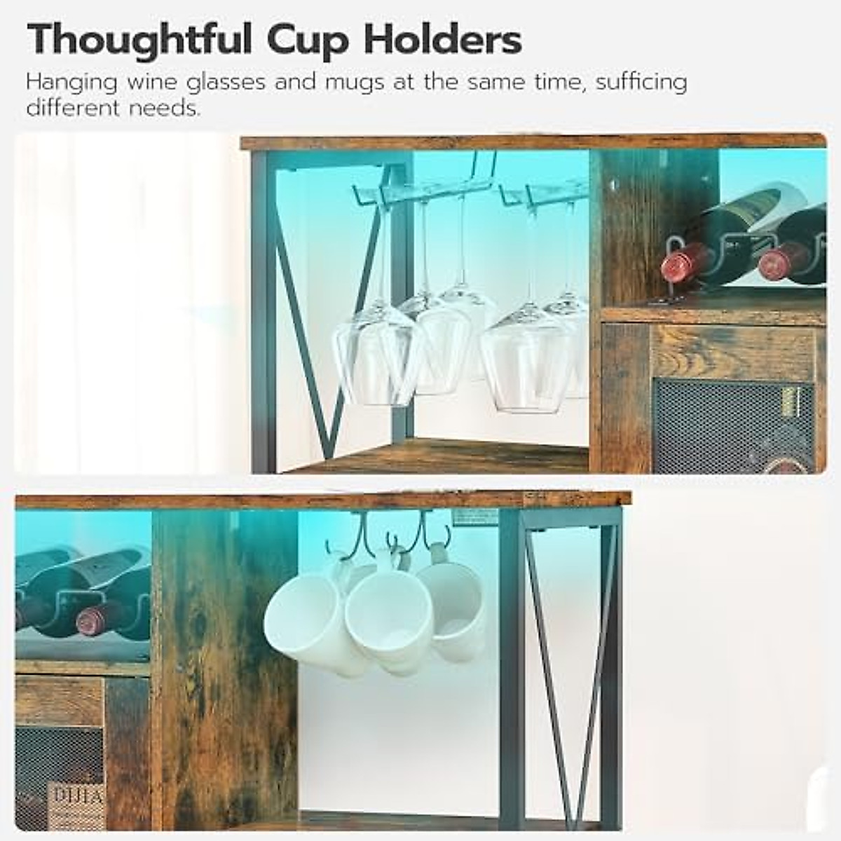 HOOBRO Wine Bar Cabinet with Led Lights and Power Outlets, Coffee Bar Cabinet for Glasses, Sideboard Buffet Cabinet, Liquor Cabinet for Dining, Living Room, Bar, Rustic Brown and Black BF13UDJG01