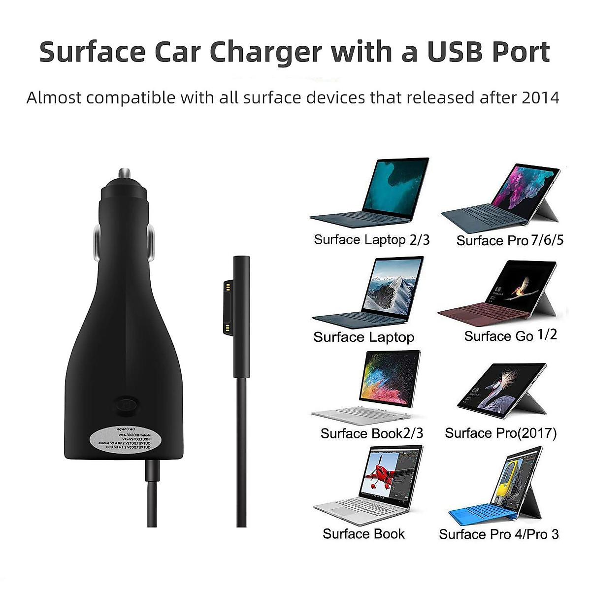 Sisyphy Surface Car Charger with USB Charging Port, Total 42W 12V 2.58A Power Supply, Compatible for Microsoft Surface Pro7 + Plus Pro6 Pro5~3 Surface Go 1/2 Laptop 1/2/3 Surface Book