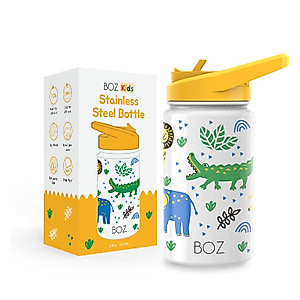 BOZ Kids Water Bottle for School with Straw Lid, Stainless Steel Insulated Water Bottle for Kids, Toddler Water Bottle, Leak Proof Water Bottle for Kids and Toddlers, 14 oz (414ml) (Safari)