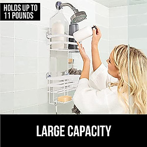 Gorilla Grip Anti-Swing Oversized Shower Caddy, Rust Resistant Organizer, Holds 11 lbs, Strong Suction Cups, Hooks, Easy Hanging Bathtub Shampoo and Accessories Caddies for Showerhead, 3 Shelf, White