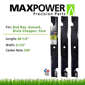 Maxpower 561136B 3-High Lift Blade Set for Many 60 in. Cut Exmark Mowers Replaces OEM #'s 633483, Bad Boy 038-2007-00, Toro 105771803