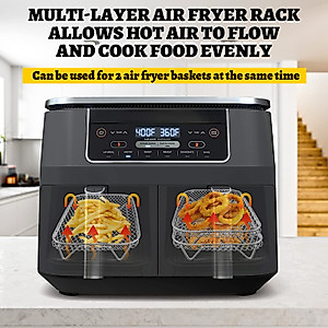 Air Fryer Rack for Ninja Dual Air Fryer Kannino 3pcs Layered Dehydrator Racks Stainless Steel Grilling Rack Rectangle Air Fryer Basket Tray with Clip and Heighten Feet Pad for Double Basket Air Fryers