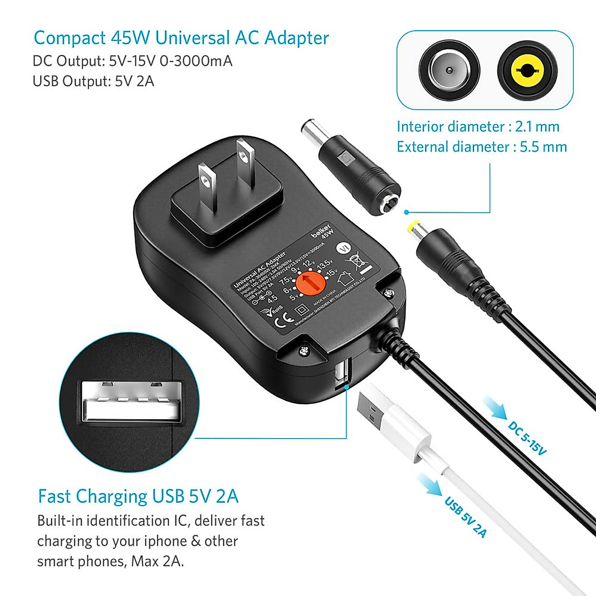 Belker 45W 5V 6V 7.5V 9V 12V 13.5V 15V Universal AC DC Power Supply Adapter for Household Electronics LED Light Strip - 1A 2A 3A 3000mA Amp - Fast USB Charging Port 5V 2A