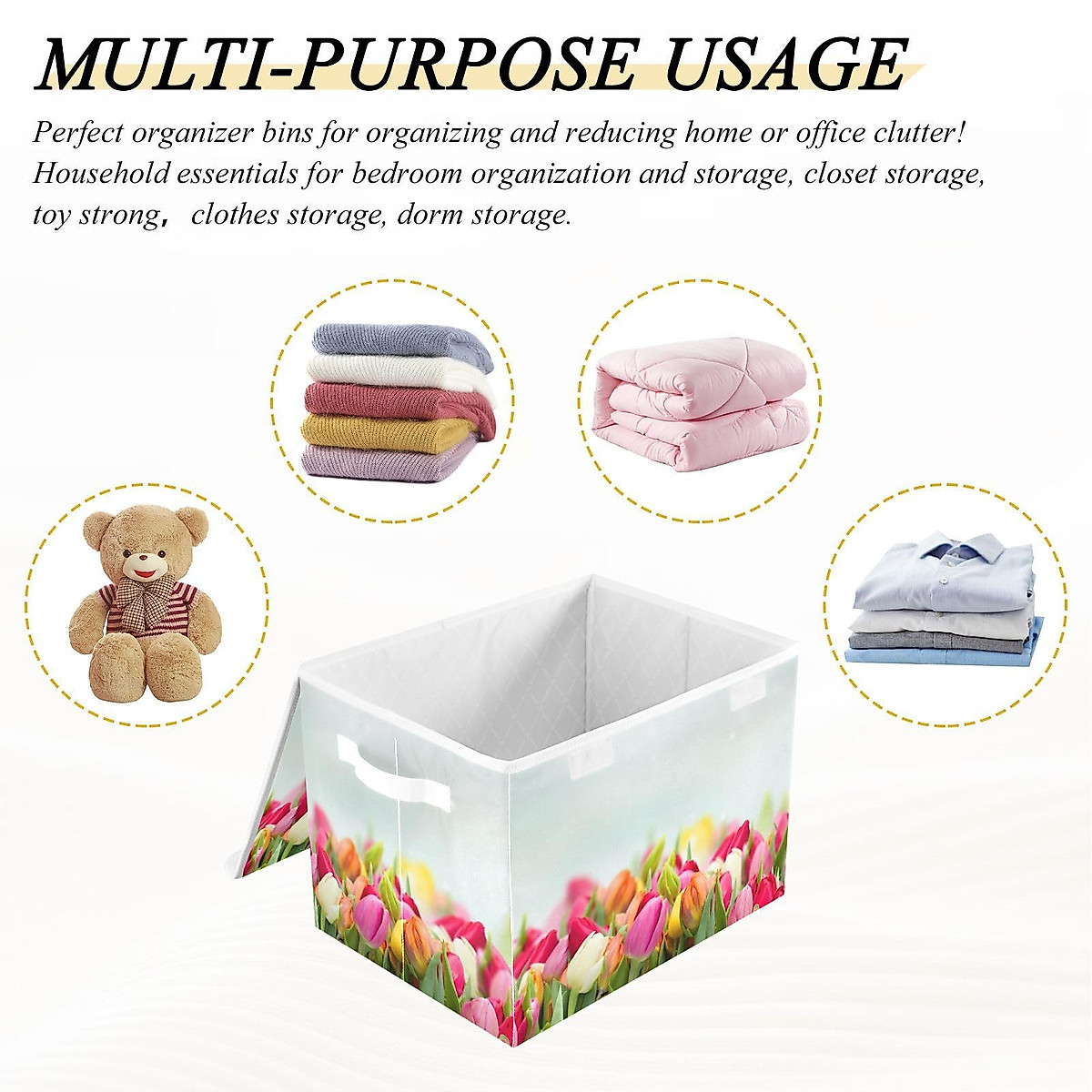 VIGTRO Tulips Flowers Garden Storage Bins with Lids Foldable Storage Boxes with 2 Handles, Summer Decorative Storage Basket Collapsible for Clothes Books