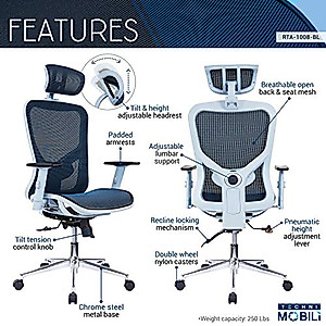 Techni Mobili Mesh Office Chair - High Back Computer Desk Chair with Adjustable Arms, Headrest, & Lumbar Support - Ergonomic Chair with Seat Cushion, Wheels, & Reclining Tilt Lock