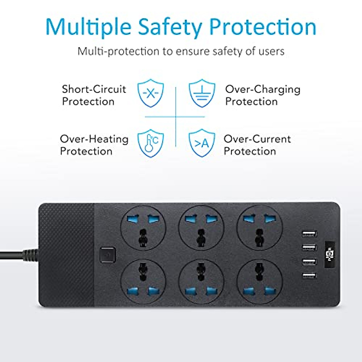 Universal Power Strip, Jumpso 6ft Extension Cord with Multiple Outlets, 110-240v, 3000w Power Strip with USB Ports European Travel Plug Adapter Wall Mount Power Strip for Home Office Cruise, Black