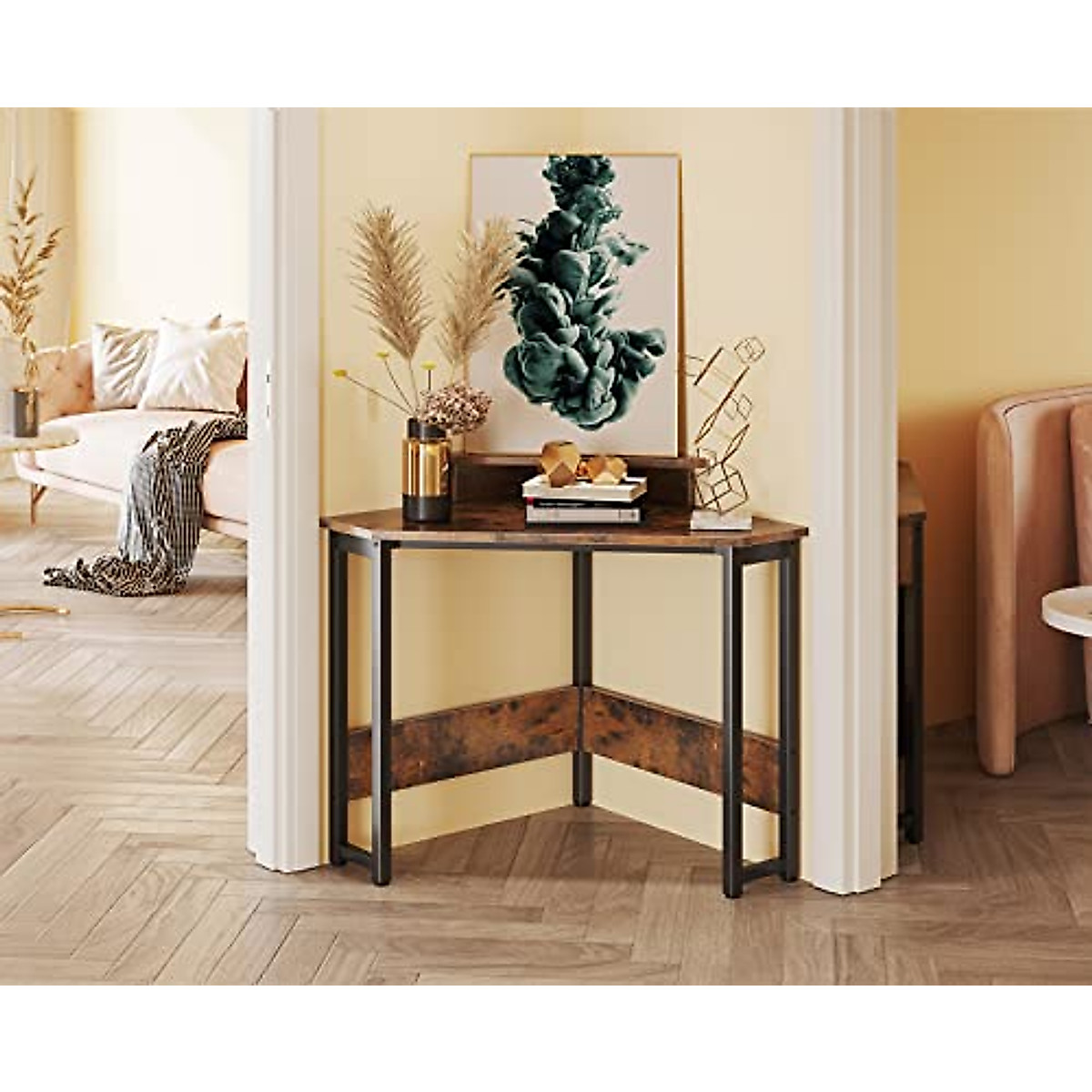 ODK Corner Desk Space Saving Small Desk with Sturdy Steel Frame, Computer Desk with Monitor Stand for Small Space, Easy Assembly Triangle Vanity Desk with Durable Wooden Desktop