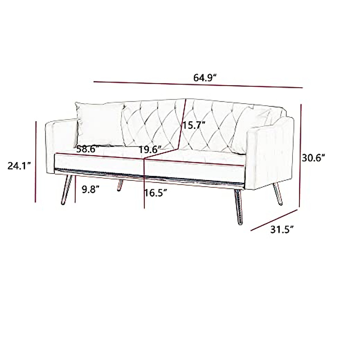 Yoglad Convertible Sofa with Pillow, Upholstered Recliner Couch, Futon Loveseat with Metal Legs, Daybed Sleeper for Living Room (White, 64" Velvet, Hill-Shaped Backrest)