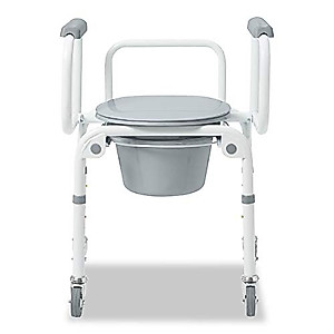 Medline Drop Arm Commode with Wheels, Swing Arm Rest for Easy Transfer, Padded Seat, Contains Chair, Pail, Lid, and Splash Guard, 250lb. Weight Capacity