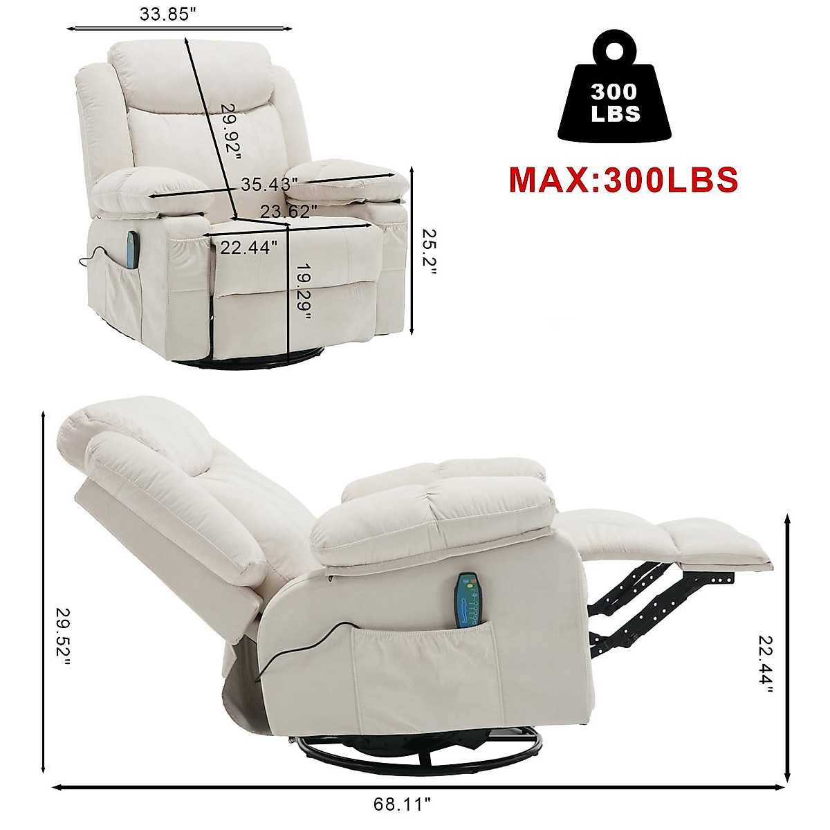 REFFICER Massage Recliner Chairs with Heat, Leather Reclining Chair with Cup Holders, Manual Oversized Rocker Recliner Single Sofa Couch, Overstuffed Theater Seating Recliner for Home Living