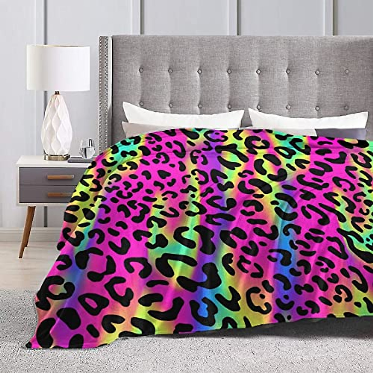 Neon Animal Leopard Spots Blankets Throw Blanket 3D Printed Soft Comfortable Flannel Fleece Throws for Bed Couch Sofa Floor Car and Home Decor 80"X60"(Adult)