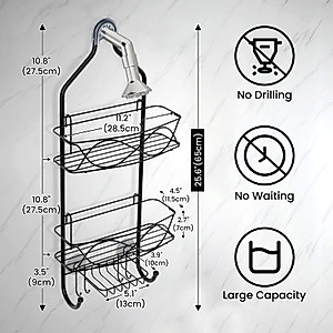 ONTOTY Shower Caddy Hanging, No Drilling & Rustproof Hanging Shower Organizer, Anti-Swing Shower Caddy Over Shower Head with 2 Strong Suction Cup, 6 Hooks and Soap Basket, for Bathroom, Soap, Razor