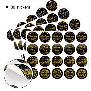 80 Black Gold Birthday Thank You Stickers, Big Milestone Bday Party Favor Labels, Birthday Stickers for All Ages