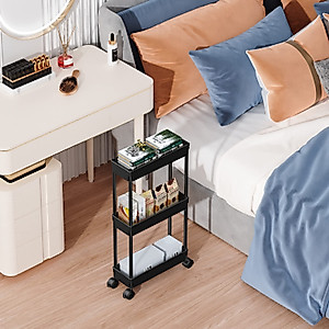 Sooyee 3 Tier Rolling Cart with Wheels,Slim Storage Cart,Narrow Storage Cabinet,Under Desk Storage,Rolling Utility Cart Storage Organizer for Office Bathroom Kitchen Laundry Room Narrow Places, Black