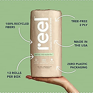 Reel Premium Recycled Paper Towels- 12 Rolls, 2-Ply Made From Tree-Free, 100% Recycled Paper - Eco-Friendly, Hypoallergenic and Zero Plastic Packaging