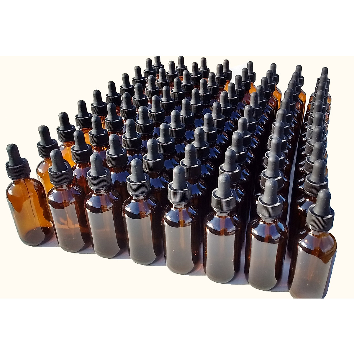 Dropper Stop™ 2oz Amber Glass Dropper Bottles (60mL) with Tapered Glass Droppers - Pack of 80