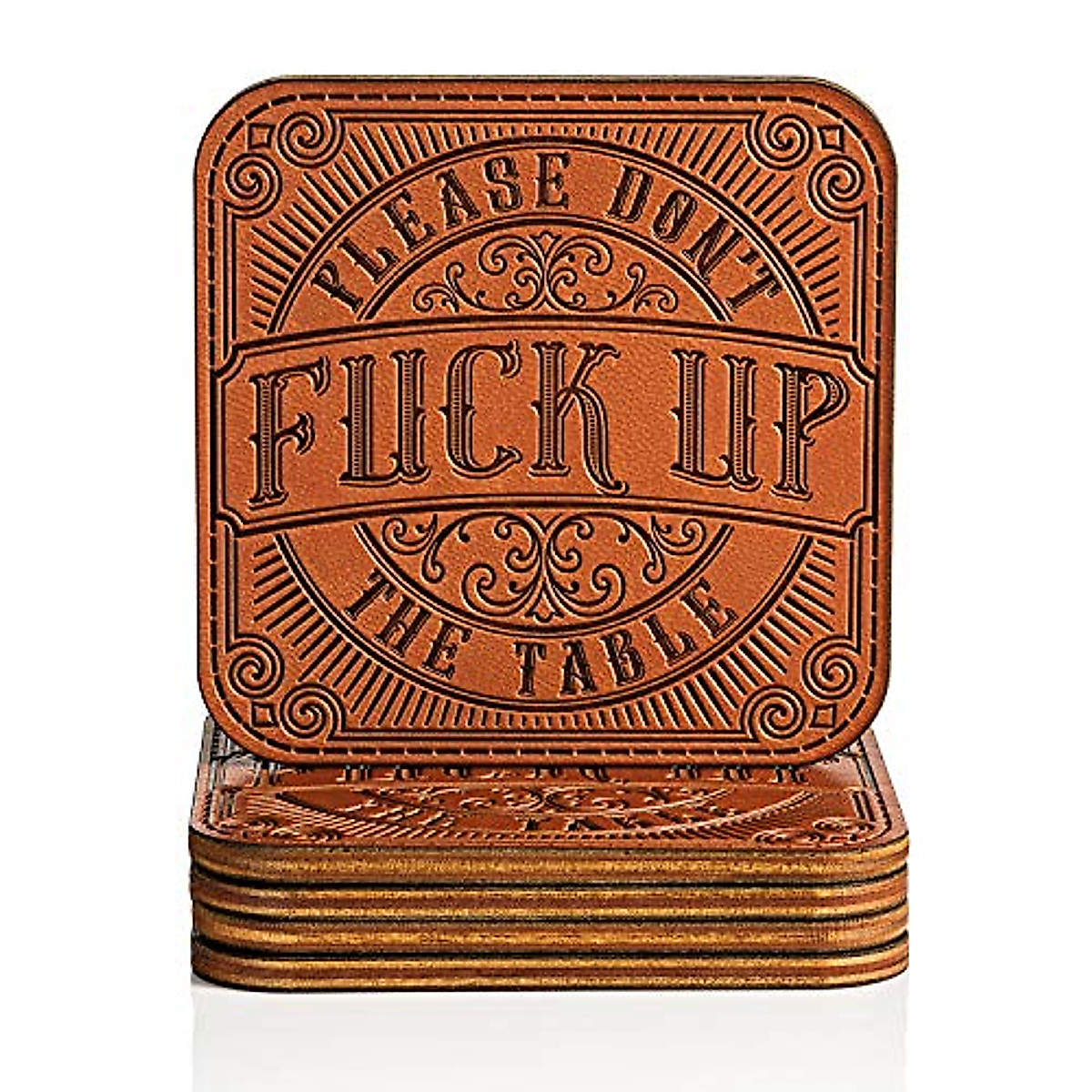 Funny Leather Coasters for Drinks Set of 4, Cool Rustic Drink Coaster, Cute Living Room Decor, Housewarming Gift for New Home (Brown Design 2)