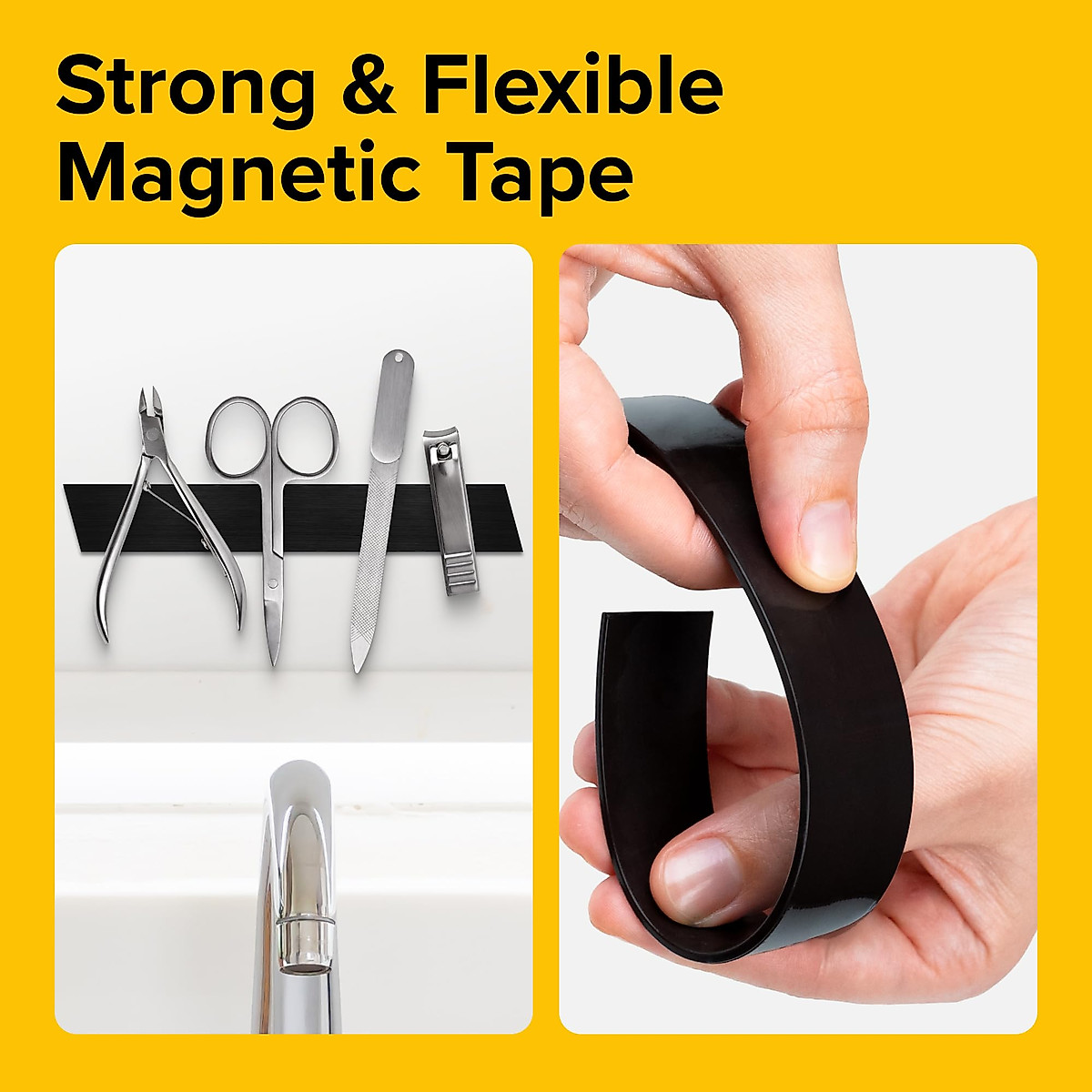 Flexible Magnetic Tape - 1 Inch x 10 Feet Magnetic Strip with Strong Self Adhesive - Ideal Magnetic Roll for Craft and DIY Projects - Sticky Magnets for Fridge and Dry Erase Board