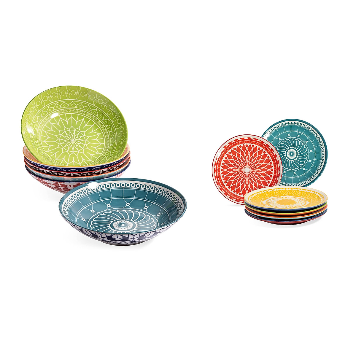 Annovero Bundle - Dessert Plates, Pasta Bowls. Cute and Colorful Stoneware Dishes for Kitchen, Microwave and Oven Safe. Bundle