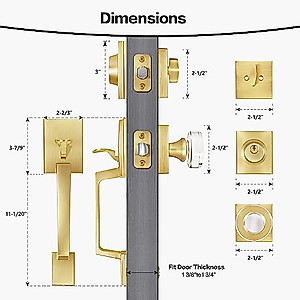 BonKuDoo Satin Brass Front Door Handle and Single Cylinder Deadbolt, Front Door Lock Set, Gold Entry Door Handle Set with Glass Door Knobs
