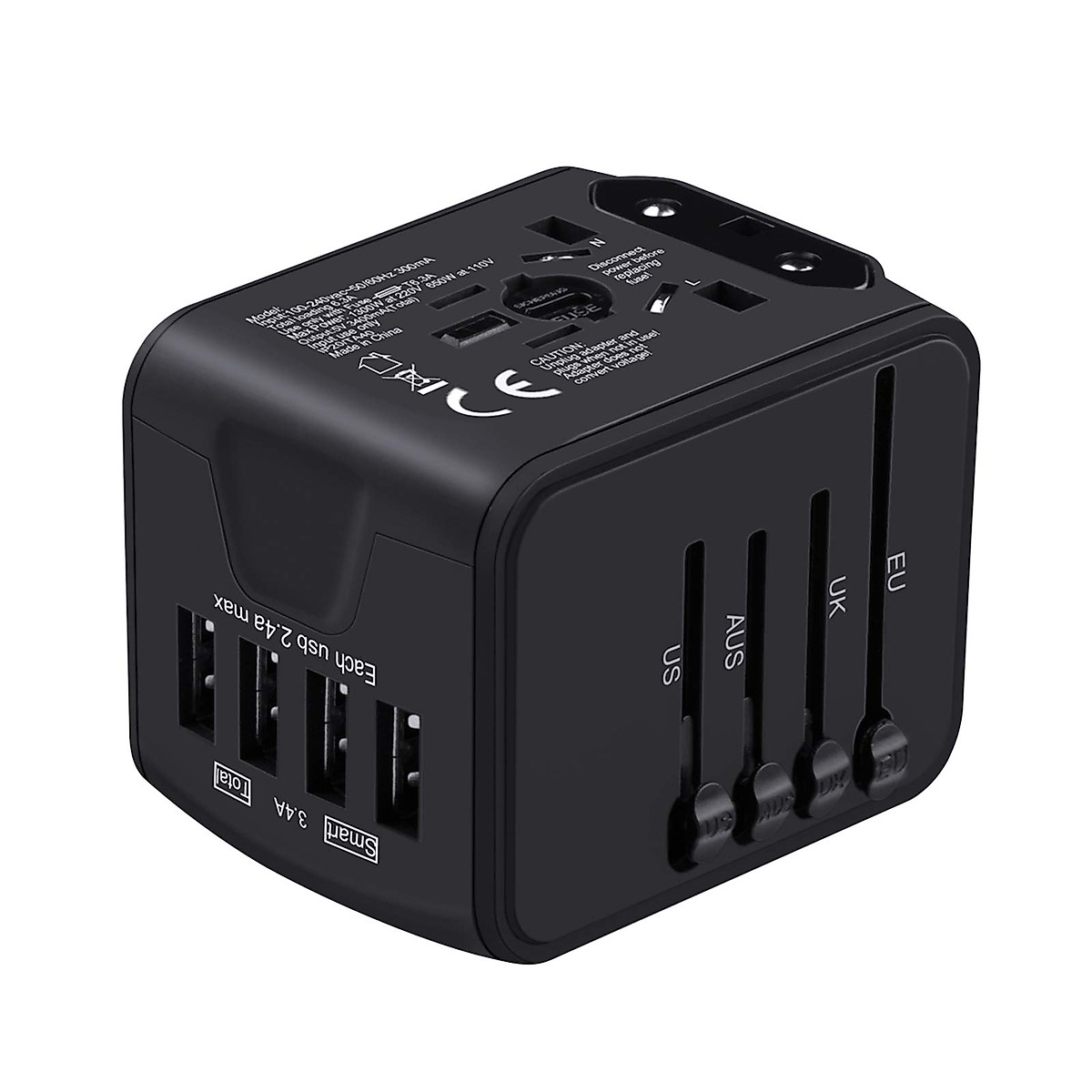 International Travel Adapter Universal Power Adapter Worldwide All in One 4 USB with Electrical Plug Perfect for European US, EU, UK, AU 160 Countries (Black)