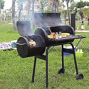 RJMOLU Outdoor 2-in-1 BBQ Grill - Charcoal Barbecue Grill with Offset Smoker, Meat Smoker w/Temperature Gauge for Home, Backyard, Garden, Terrace, Camping,A