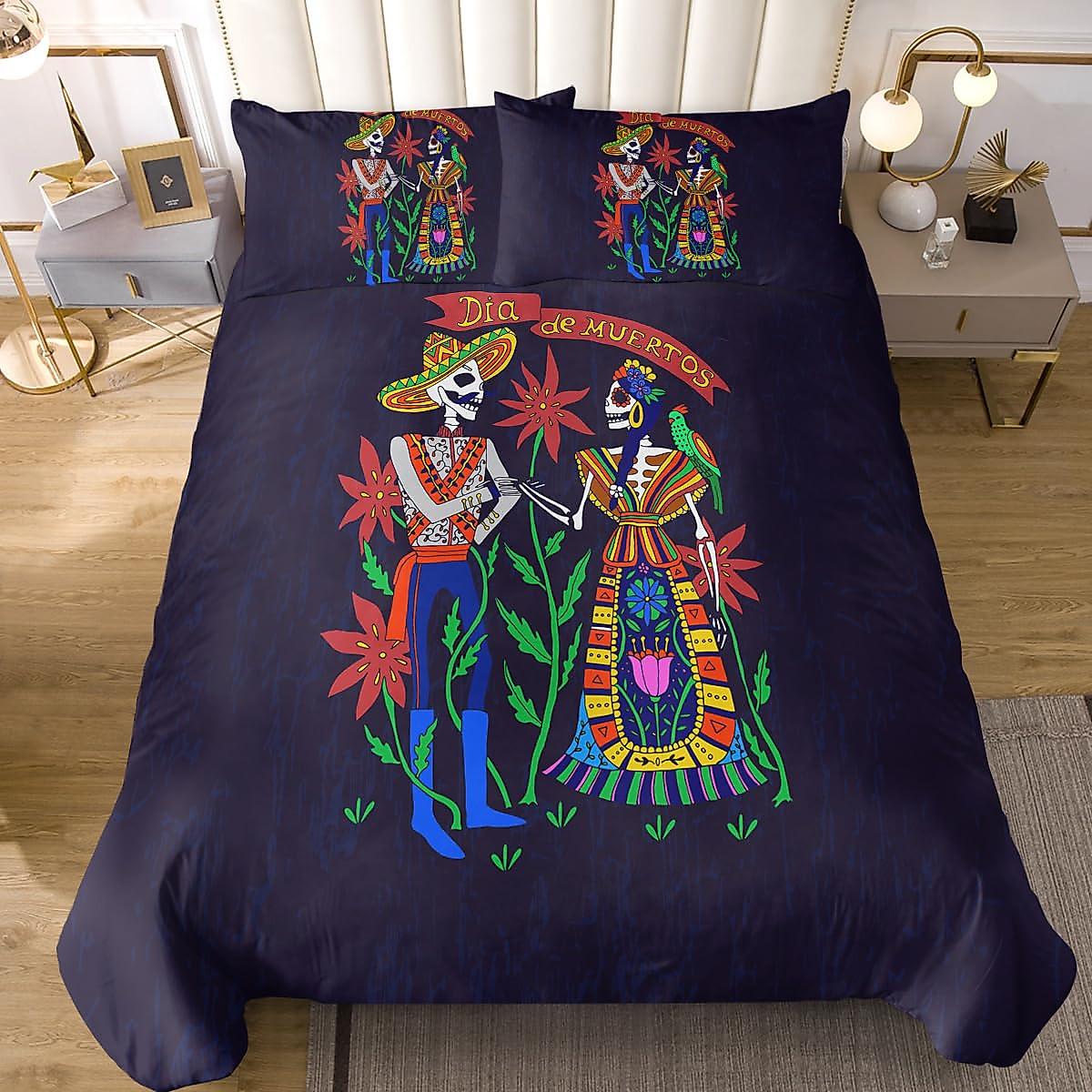 Sleepwish The Day of The Dead Bedding Skeleton Lovers Duvet Cover Set 3 Piece Dia de Los Muertos Printed Design Comforter Cover Sets Full 1 Duvet Cover 2 Pillowcases