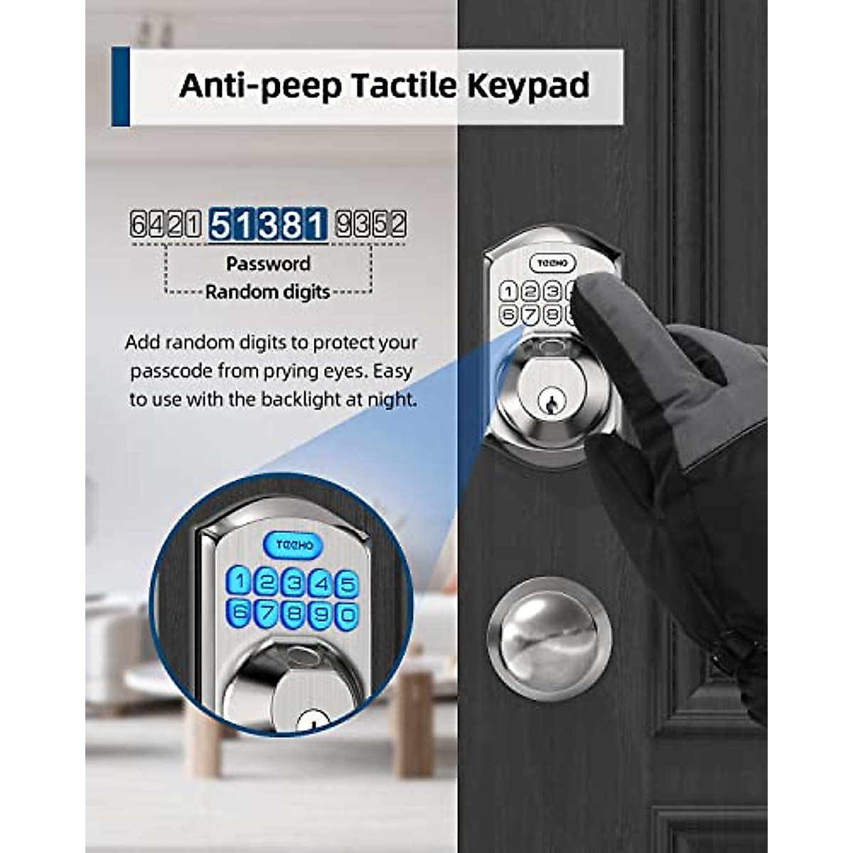 TEEHO TE002K Fingerprint Door Lock Set - Keyless Entry Door Lock with Handle - Door Knob with Keypad Deadbolt - Smart Locks for Front Door - Auto Lock - No Need App - Easy Installation - Satin Nickel