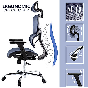 Ergonomic Chair, High Back Executive Desk Chair, Modern Office Chair with Lumbar Support, Breathable Mesh Chair, with 3D Adjustable Armrests,Headrest and Lumbar Support, Steelblue
