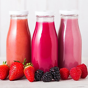 YEBODA 11oz Glass Milk Bottles with Reusable Metal Twist Lids and Straws for Beverage Glassware and Drinkware Parties, Weddings, BBQ, Picnics, Set of 12