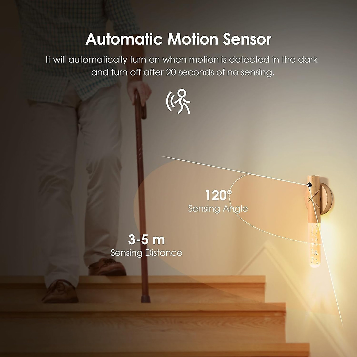 Rechargeable Starry Night Light, Wooden Motion Sensor Light Indoor, Warm White Dimmable Nightlight, Stick-On Magnet Wall Lights for Bedroom, Stair, Hallway, Kitchen