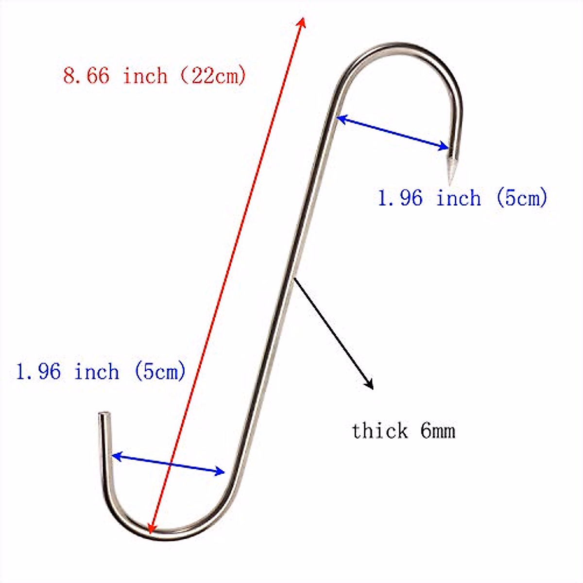ONLYKXY 8 Inch 6mm Thick Meat Hook, 4 Pieces Meat Hooks for Butchering Hanging Beef Heavy Duty, Stainless Steel S Hooks Utility Hooks for Meat Processing