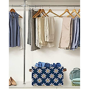 Storage Cubes Organizer with Handles, White Daisy Flowers Storage Bins Fabric Collapsible Storage Baskets for Shelf Closet Nursery Cloth Organizers Box Blue Backdrop 2pcs-15x11x9.5in