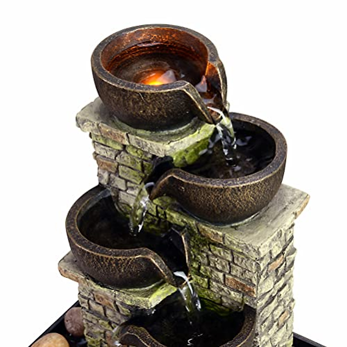 9.3 Inches 4-Tier Cascading Bowl Fountains Indoor Waterfall Fountain Relaxation Water Fountains Meditation Tabletop Fountain Artistic Desk Fountains with LED/Rocks Home/Office Decoration