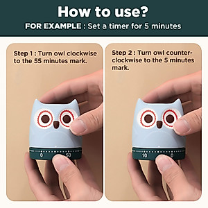 HAUSHOF Mechanical Kitchen Timers, 3 Pieces Owl Shape Manual Timers, 3 Colors, Pink, Green, Blue, for Time Management