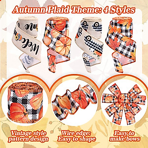 Whaline 30 Yard Fall Thanksgiving Wired Edge Ribbon White Black Buffalo Plaids Ribbon Autumn Leaves Pumpkin Truck Craft Ribbon Rustic Vintage Farmhouse Wrapping Ribbon for Wreath Floral Bow, 4 Rolls