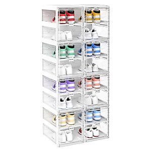 BINSIO Shoe Organizer, Portable Shoes Rack for Closet, Shoe Storage Boxes, Foldable Shoe Cabinet for Entryway, Easy Assemble Plastic Stackable Sneaker Bins with Magnetic Clear Doors, 8 Tiers 16 Pairs