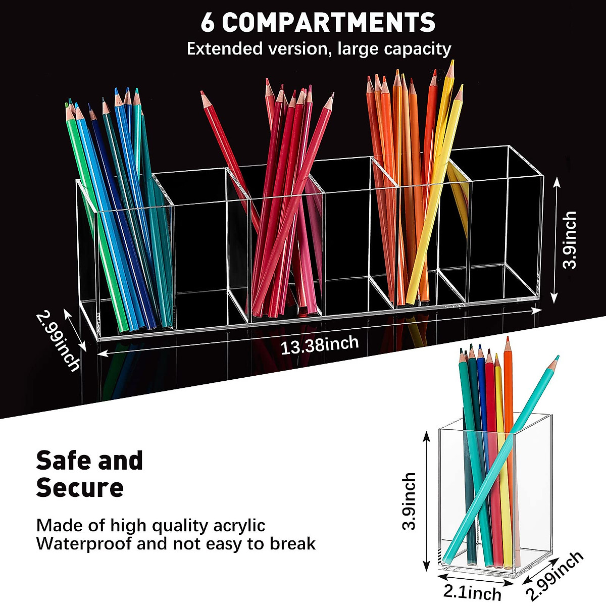 Jetec Acrylic Pencil Holder 6 Compartments Pen Holder Stationery Organizer Makeup Storage Box for Desk Accessories, Cosmetic Brushes, Office, Dorm, Bathroom, Kitchen Supplies (Clear)