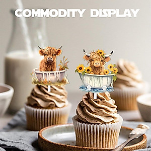18pcs Brown Glitter Highland Cow Dessert Cupcake Topper Pick for Country Western Bull Riding Bull Rider Competition Theme Decor Supplies Baby Shower Boys Girls Birthday Party Decorations