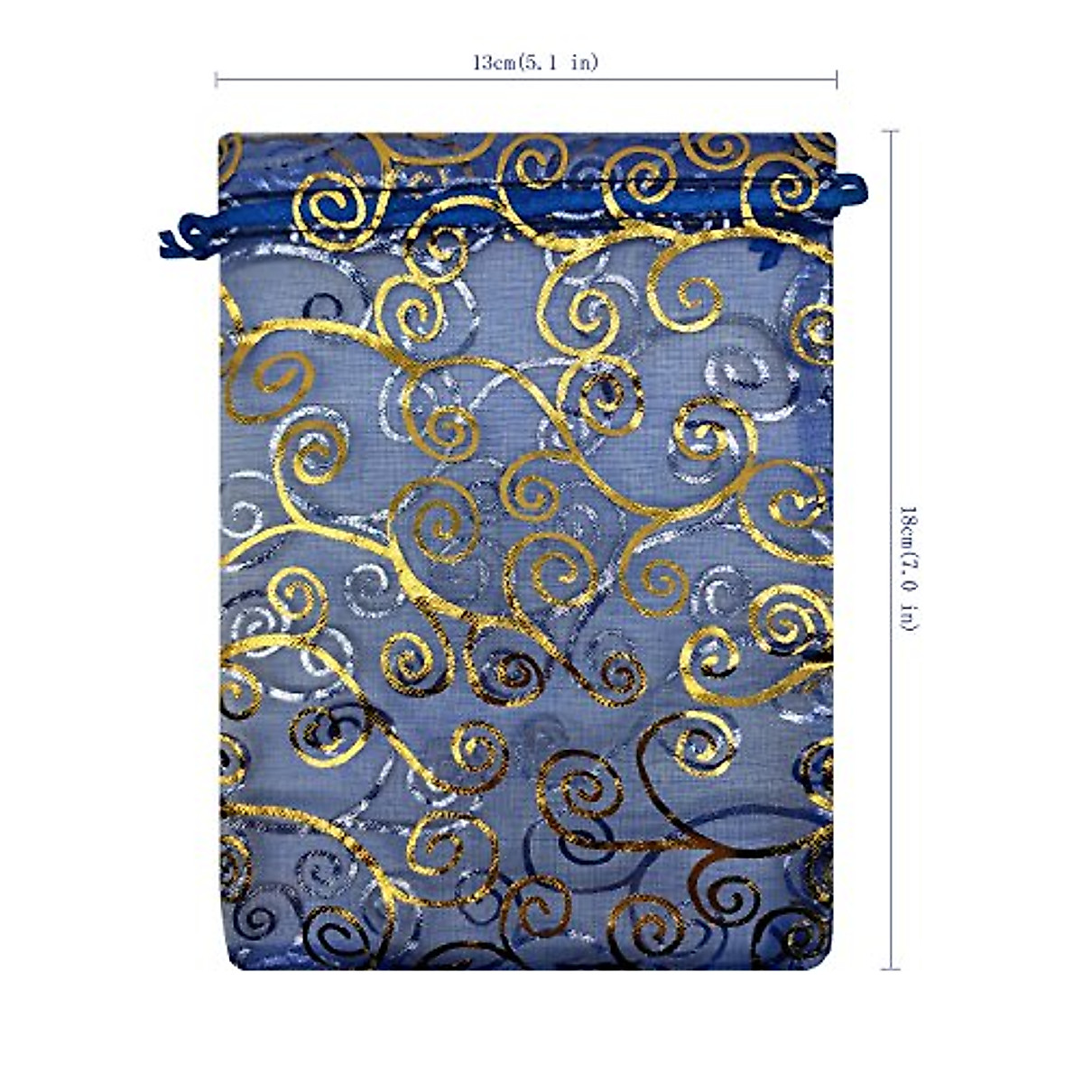 Ankirol 100pcs Sheer Organza Favor Bags 5x7'' for Wedding Bags Samples Display Drawstring Pouches (Blue-Gold Swirl)