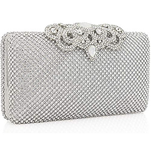Dexmay Crystal Rhinestone Clutch Bag Diamond Crown Clasp Evening Bag Bling Party Purse Silver