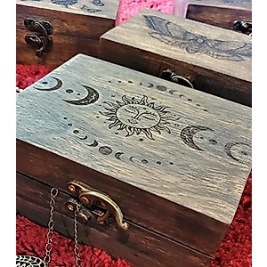 Engraved Wooden Tarot Box for Cards Crystal Holder | Sun and Moon Fortune Telling Astrology Trinket Keepsake Box. Fengshui Luck Talisman Decorative Gift Case/Holder
