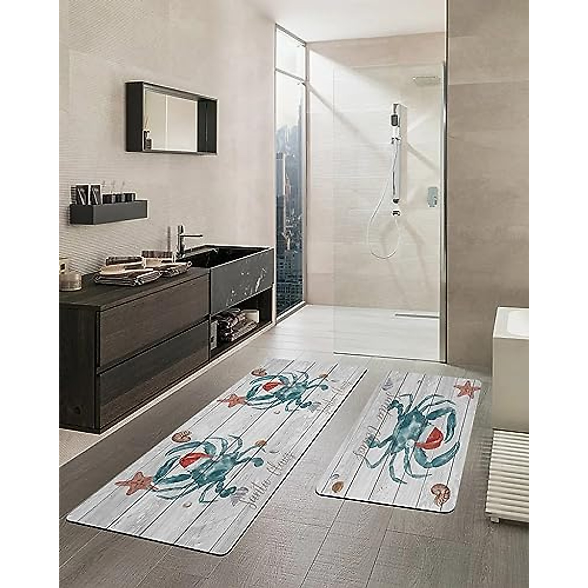 Christmas Bath Mat for Tub,Non Slip Bathroom Floor Runner Rug Quick Dry & Absorbent Diatomaceous Earth Shower Sink Bedroom Kitchen Washable Doormat,Farmhouse Xmas Ocean Crab Red Santa 18x30+18x60