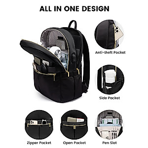 LOVEVOOK Travel Laptop Backpack Women, 15.6 Inch Anti-Theft Water Resistant Computer Back Pack, College Work Teacher Nurse Bag with USB Charging Port, Large Capacity, Black