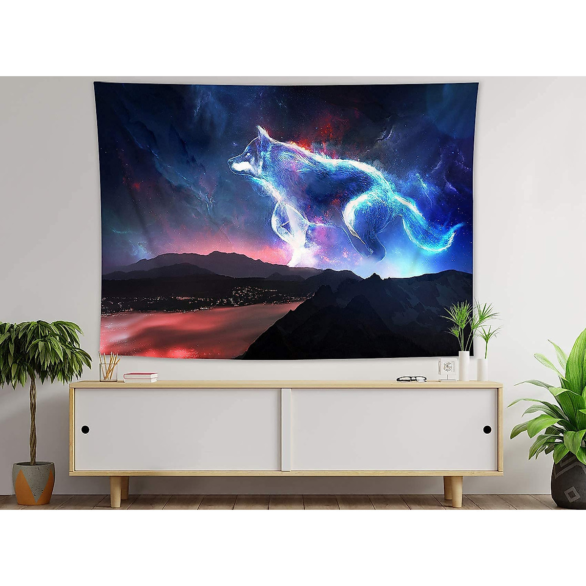 HVEST Wolf Tapestry Wall Hanging Mountains and Lake Night Natural Scenery Tapestries Wild Animal Wolve in Trippy Space Wall Decor Blanket for Bedroom Living Room Dorm,60x40 Inches