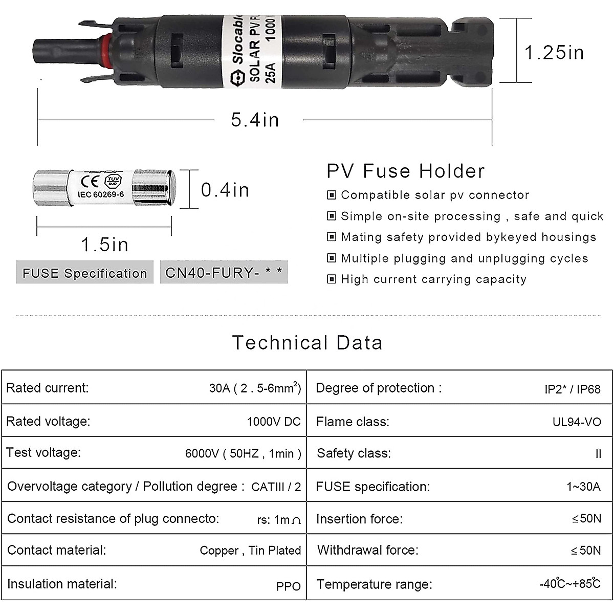 Solar Odyssey 25A Solar Fuse Holder with Single Fuse 1000V in-line Waterproof IP68 Male and Female Connector