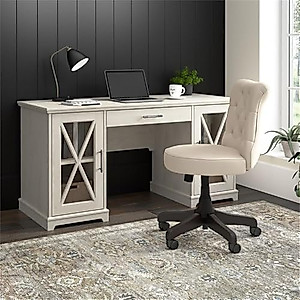 Bush Furniture Lennox Farmhouse Desk with Storage and Keyboard Tray | Computer Table for Home Office Workspace, 60W, Linen White Oak